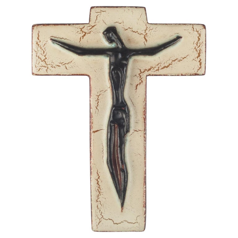 European Ceramic Crucifix in Black, Brown, Beige, 1960s at 1stDibs