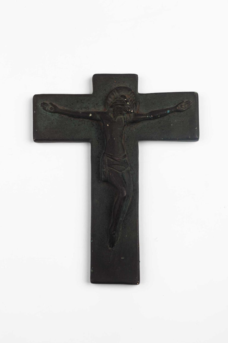 European Ceramic Crucifix in Matte Charcoal, 1960s at 1stDibs