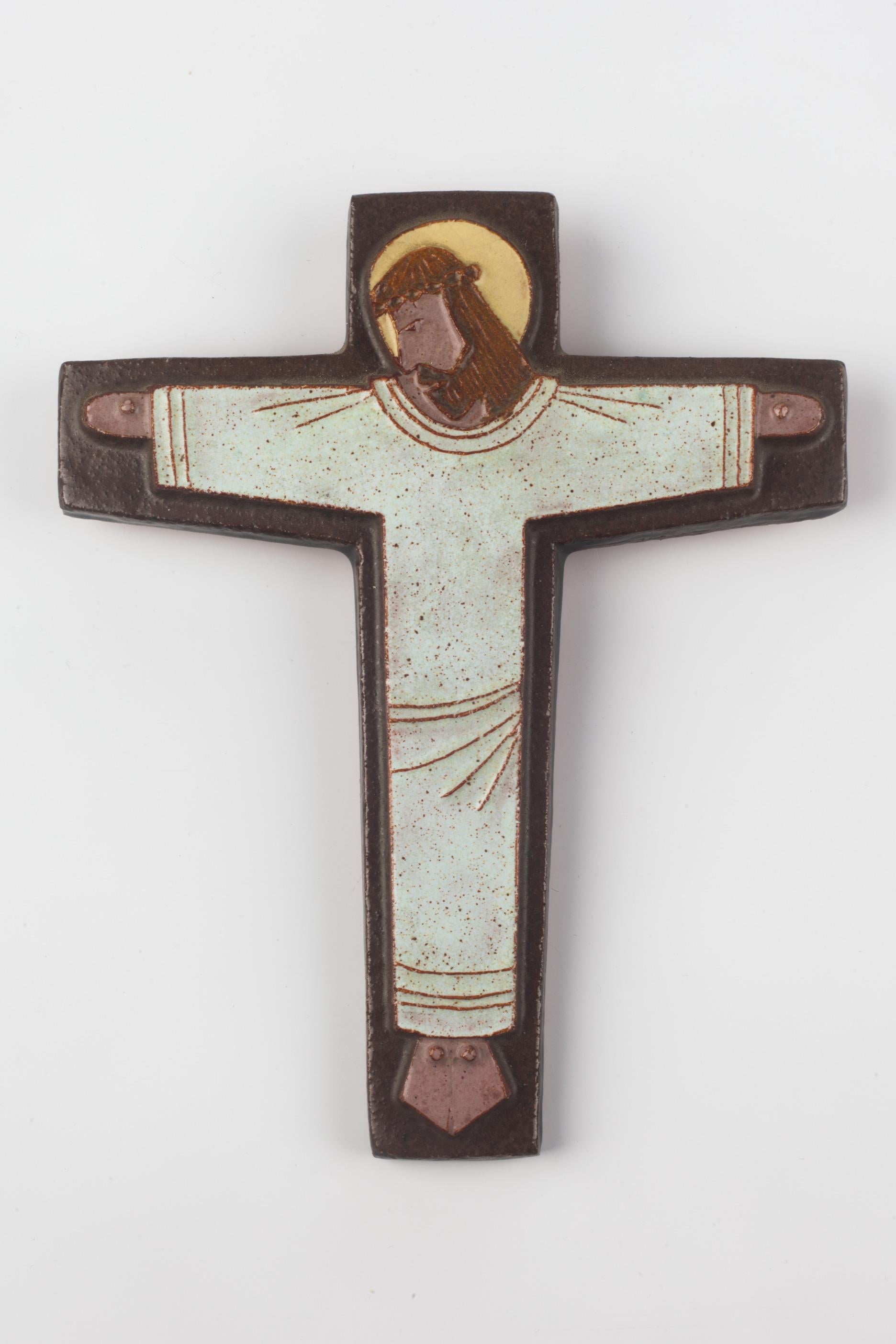 European Ceramic Crucifix in Red, Brown, Yellow, 1960s at 1stDibs