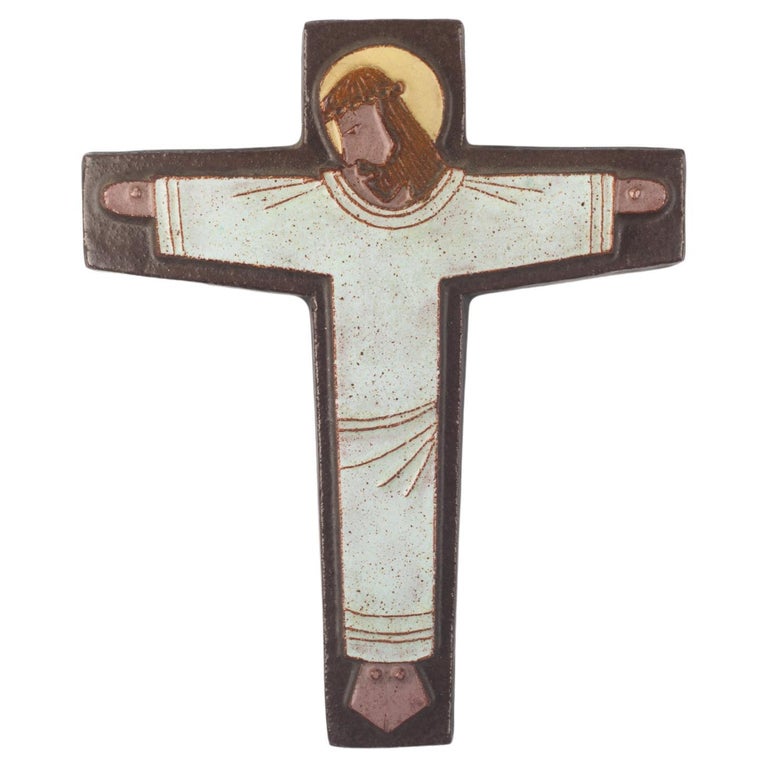 European Ceramic Crucifix in Red, Brown, Yellow, 1960s at 1stDibs