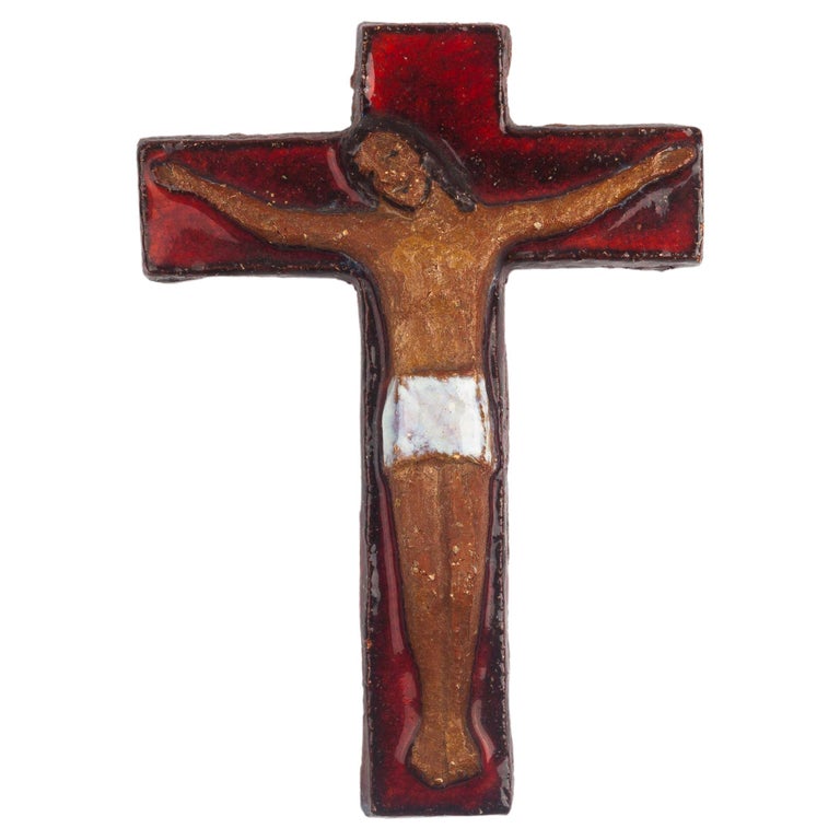 European Ceramic Crucifix, Red, Brown and White, 1960s at 1stDibs