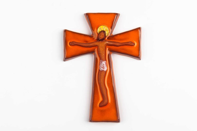 European Ceramic Crucifix, Yellow, Brown and Orange, 1960s For Sale at ...