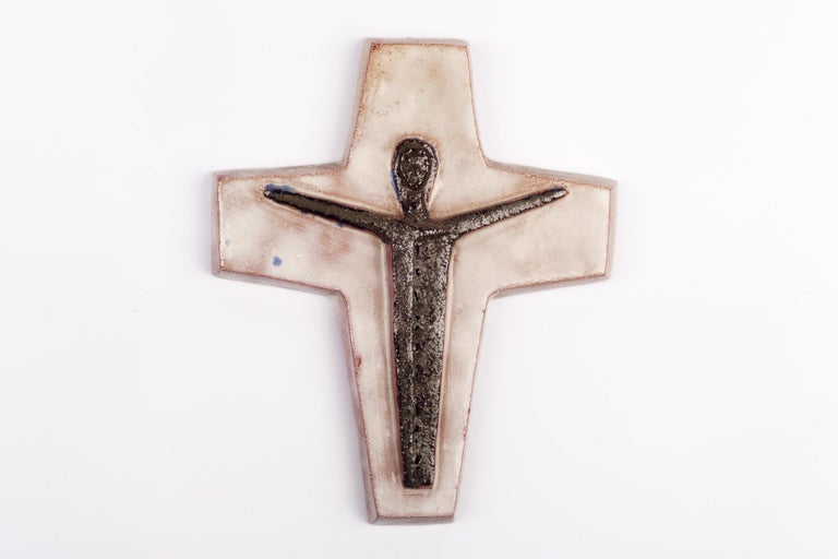 European Crucifix, Ceramic, White, Brown, Fat Lava, 1970s at 1stDibs