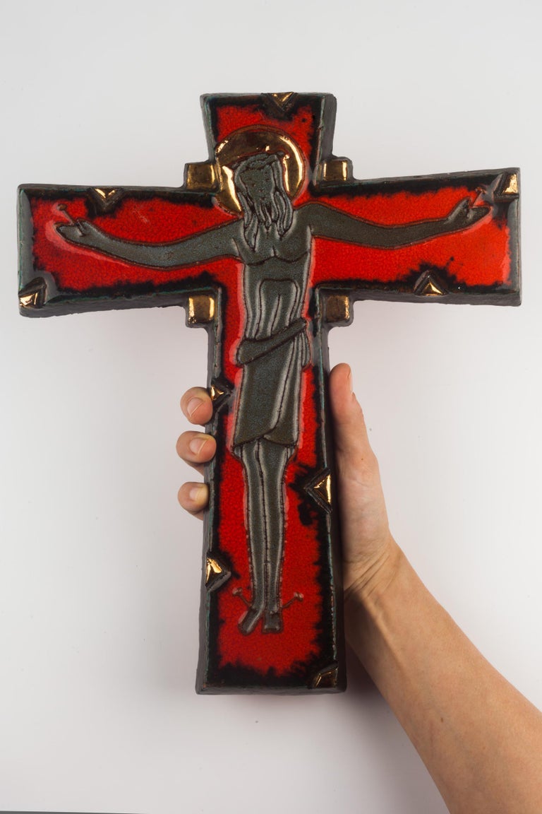 European Crucifix, Red, Black, Gilt Ceramic, 1970s For Sale at 1stDibs