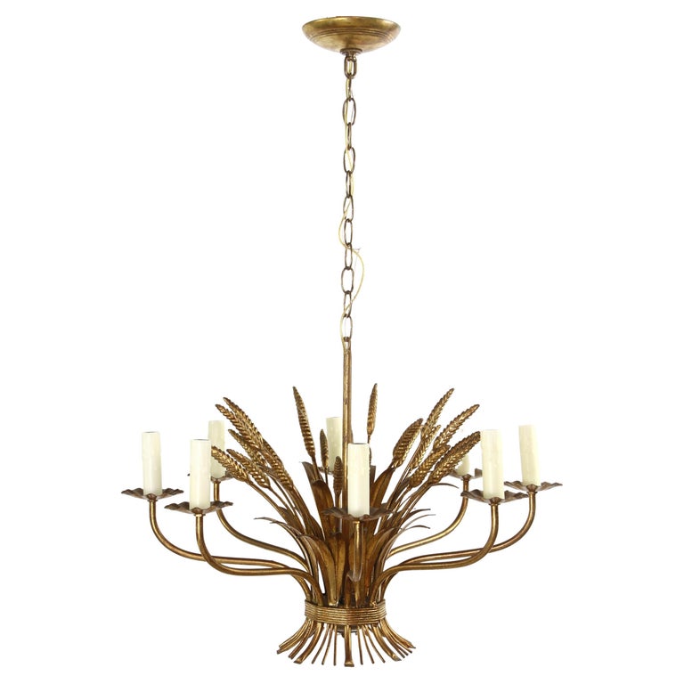 European Gold Gilt Over Bronze Wheat 8 Arm Chandelier For Sale at 1stDibs