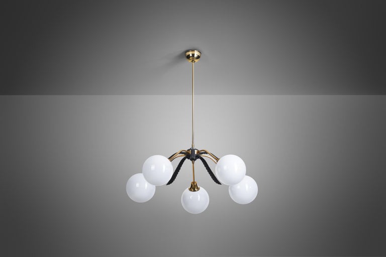 European Mid-Century Modern Brass Ceiling Lamp with Leaf Motif, Europe ...