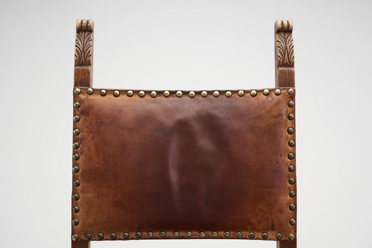 European Patinated Oak and Leather Chairs with Upholstery Tacks, Europe ...