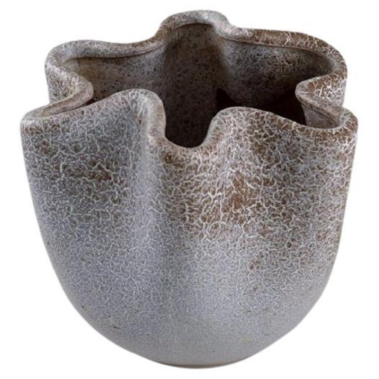 European Studio Ceramicist, Unique Wavy Edged Vase in Glazed Stoneware ...