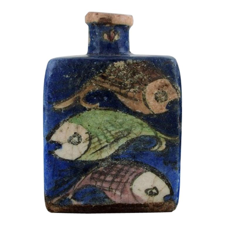 European Studio Ceramist, Triangular Vase in Hand Painted Glazed ...