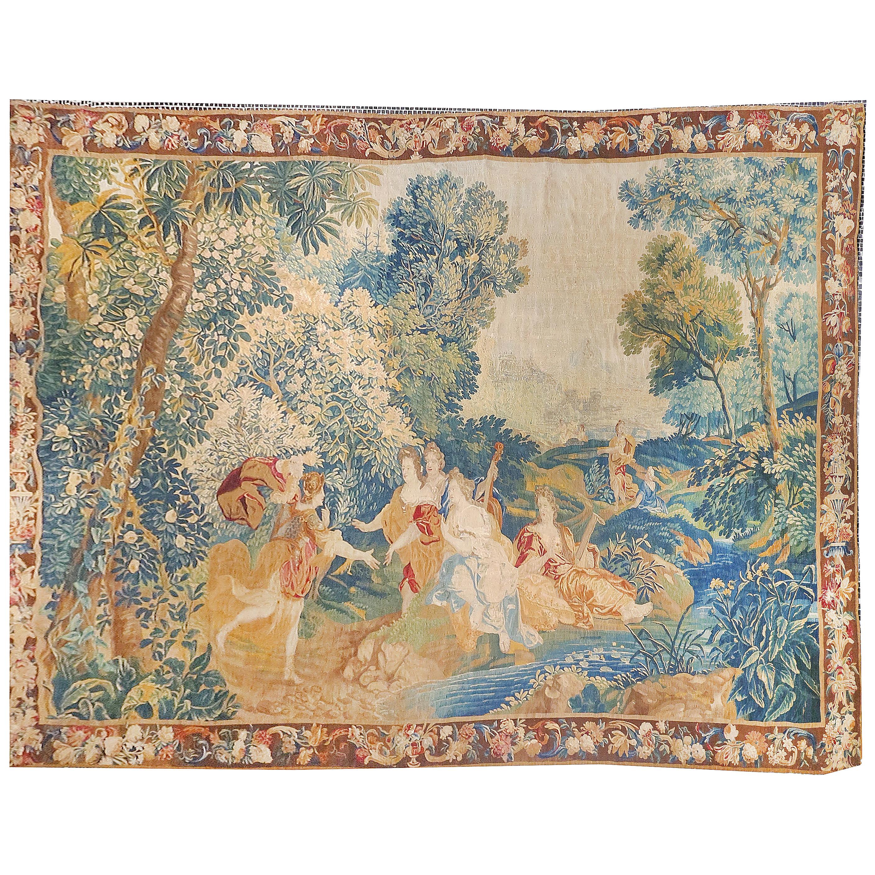 Antique French Verdure Wall Tapestry with Hunting Scene and Renaissance ...