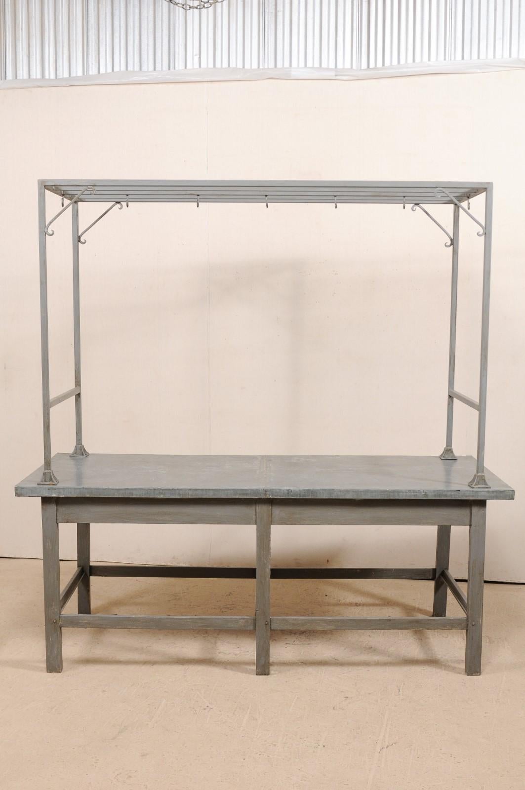 European Zinc-Top Kitchen Work Table with Upper Rack at 1stDibs