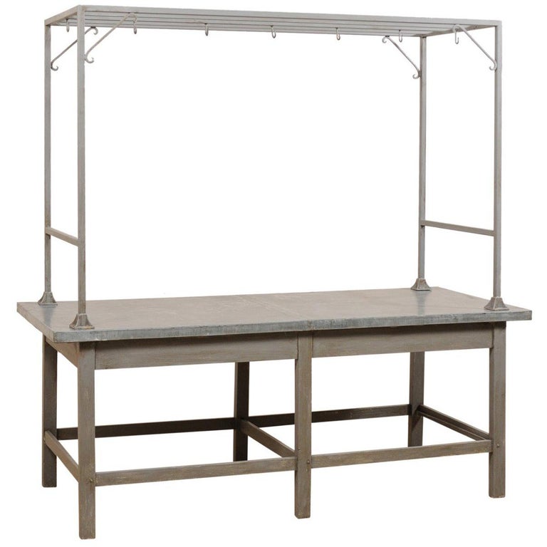 European Zinc-Top Kitchen Work Table with Upper Rack at 1stDibs