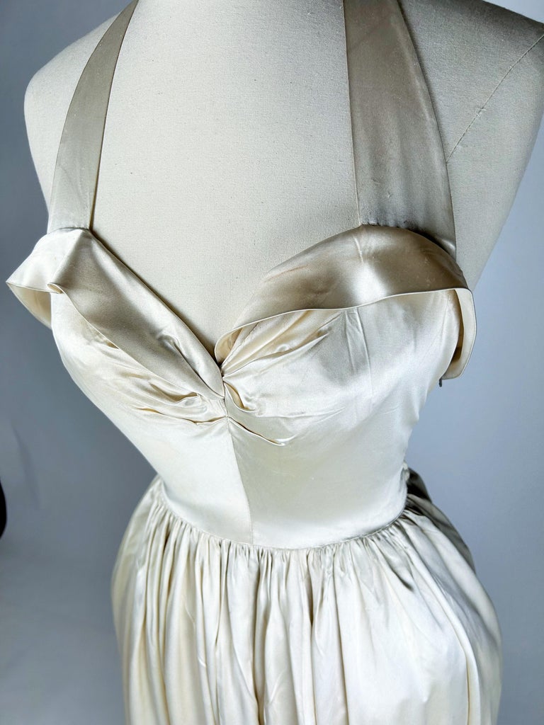 Evening dress by Lucien Lelong Couture in embroidered champagne satin Circa 1942 For Sale at 1stDibs