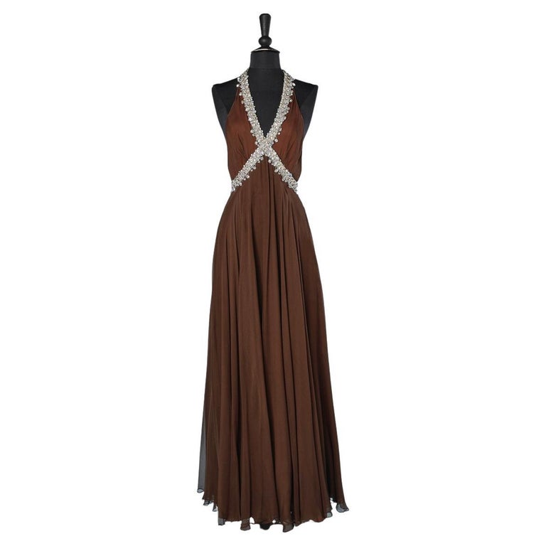Evening dress in brown silk chiffon with rhinestone and lurex thread ...