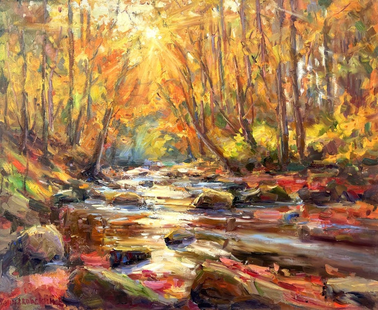 Evgeny Chernyakovsky - Peinture, huile sur toile, coucher de soleil sur ...