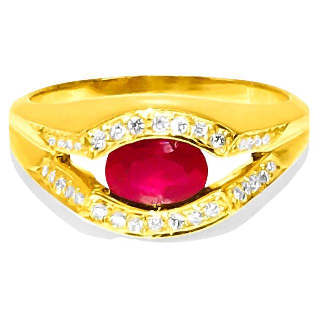 Oval Burma Red Ruby and Diamond Ring 18k Yellow Gold For Sale at 1stDibs