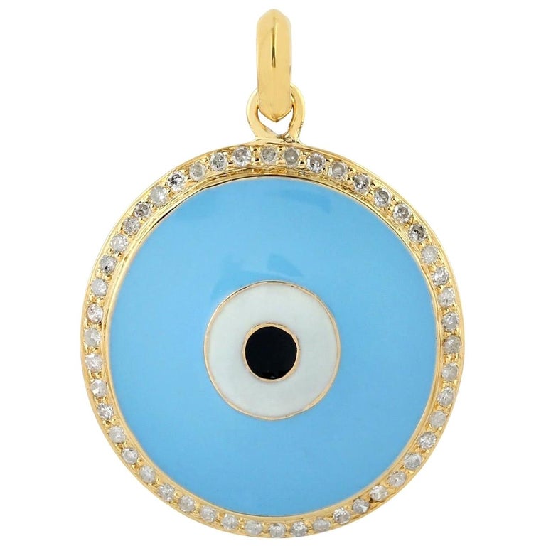 Evil Eye Enamel Diamond 18 Karat Gold Pendant Necklace For Sale at 1stDibs
