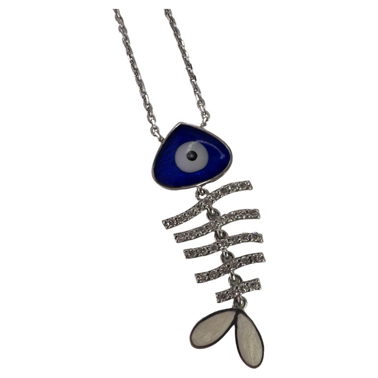 Evil Eye Fish Bone Pendant Necklace 18kt White Gold VS Diamonds Pendant ...