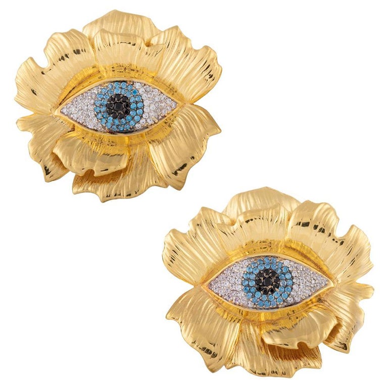 Evil Eye Flower Statement Clip On Earrings at 1stDibs