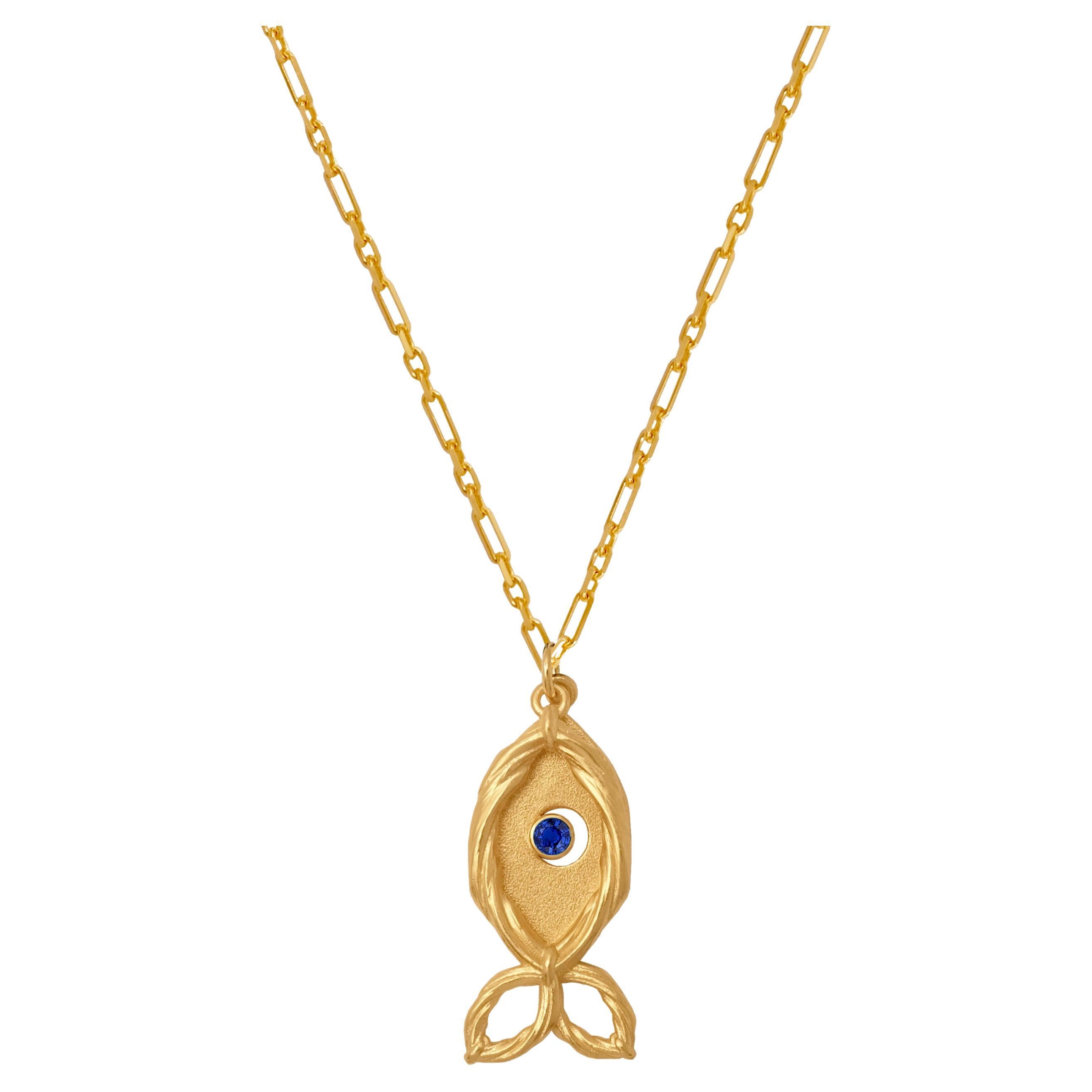 Evil Eye Repeller Fish Necklace with Sapphire For Sale at 1stDibs