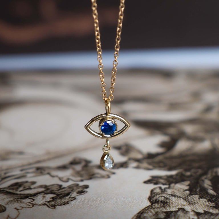 Evil Eye Teardrop Necklace - 14K Yellow Gold For Sale at 1stDibs
