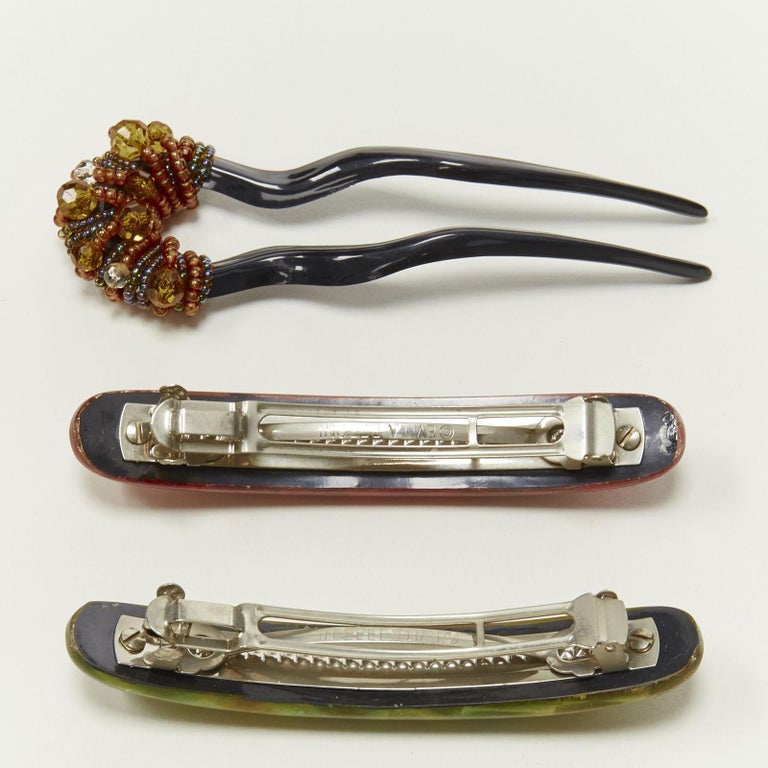 EVITA PERONI 3X red green acrylic hair barette clip beaded comb pin For ...