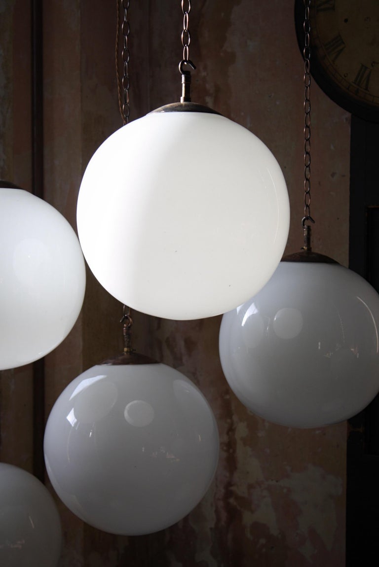 Ex RAF Mid 20th C Extra Large Brass and Opaline Globe Pendants Lights 9 ...