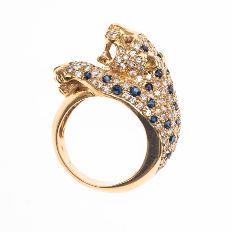 Excellent 18k Gold Diamond, Sapphire and Ruby Leopard Tiger Ring with ...