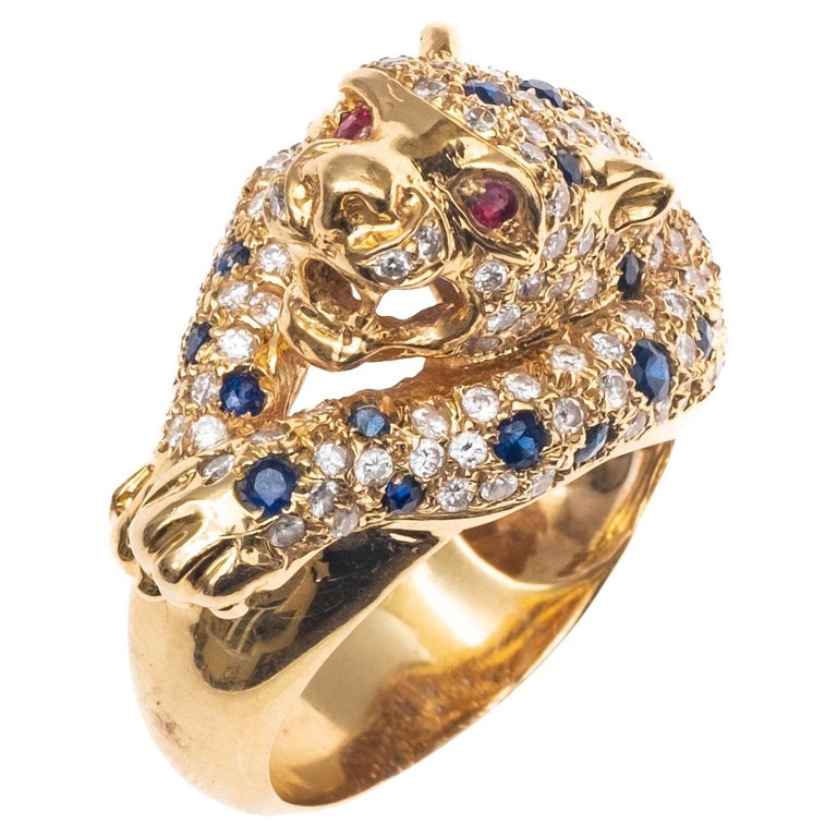 Excellent 18k Gold Diamond, Sapphire and Ruby Leopard Tiger Ring with ...