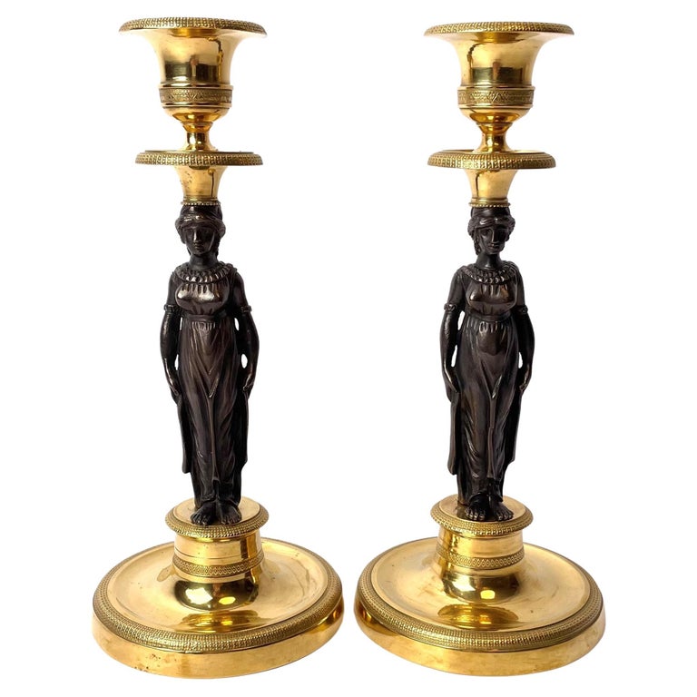 Excellent Pair of Gilt Candlesticks with Caryatids. French Empire ...
