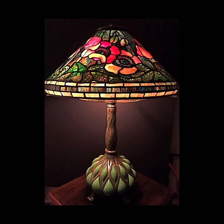 Excellent Tiffany Studios N Y Poppy Lamp with a Rare Blown Glass ...