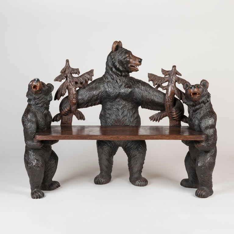Exceptional 19th Century Swiss Carved 'Black Forest' Bear Bench For ...