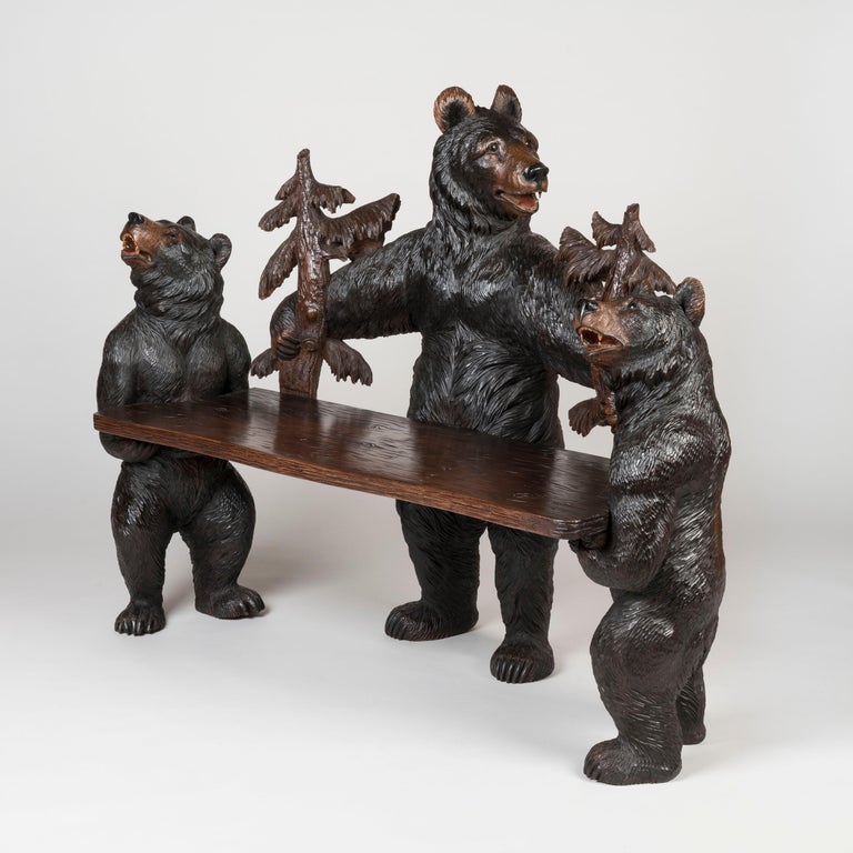 Exceptional 19th Century Swiss Carved 'Black Forest' Bear Bench For ...