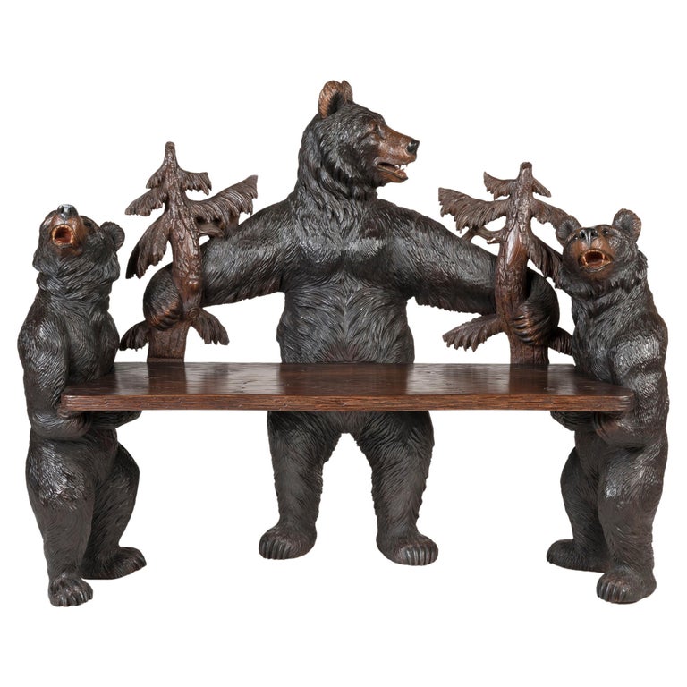 Exceptional 19th Century Swiss Carved 'Black Forest' Bear Bench For ...