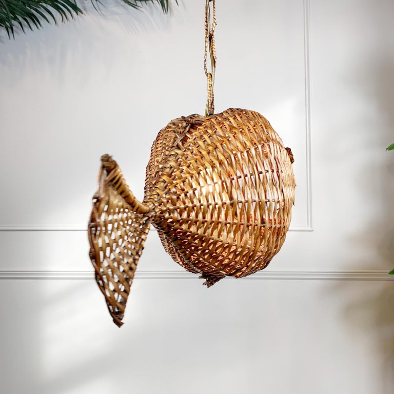 Exceptional and Rare Mid Century French Wicker Fish Ceiling Light at ...