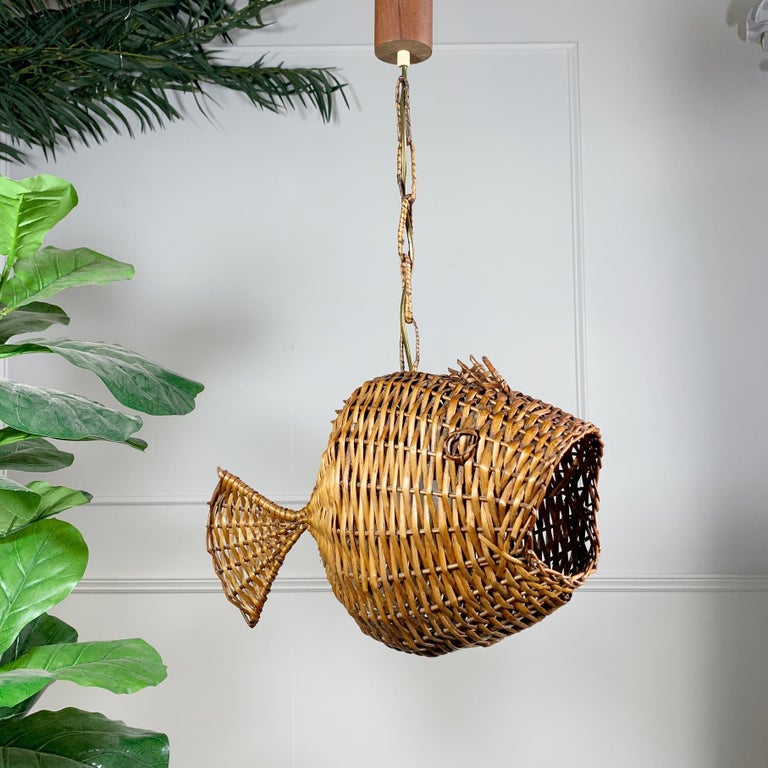 Exceptional and Rare Mid Century French Wicker Fish Ceiling Light at ...
