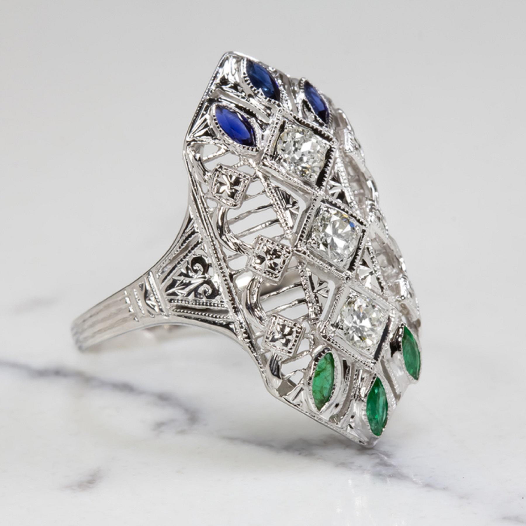 Authentic Art Deco Diamond Green Emerald Blue Sapphire Cocktail Ring ...