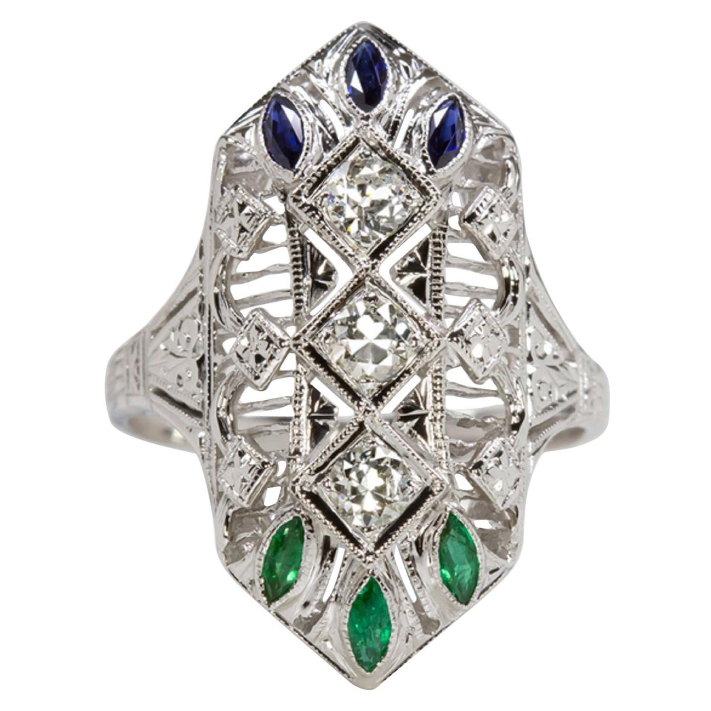 Platinum Art Deco Diamond and Emerald Cocktail Ring For Sale at 1stDibs