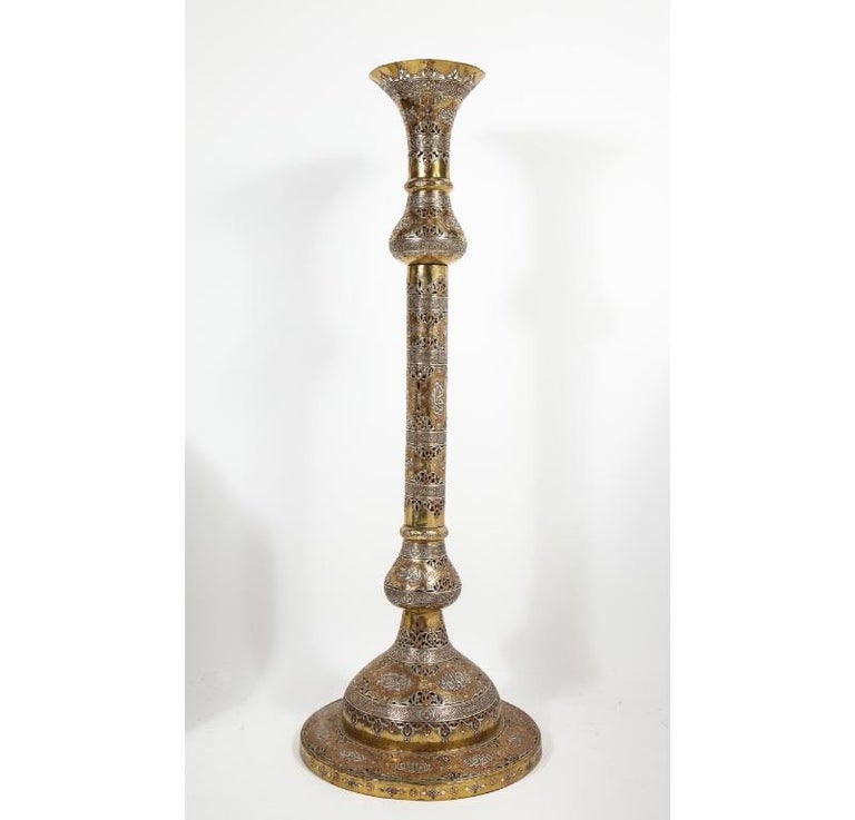 Exceptional Islamic Silver and Copper Inlaid Lamp, 19th Century at 1stDibs