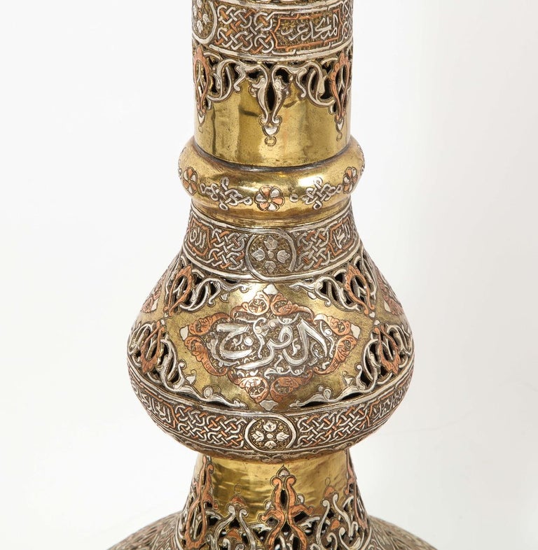 Exceptional Islamic Silver and Copper Inlaid Lamp, 19th Century at 1stDibs