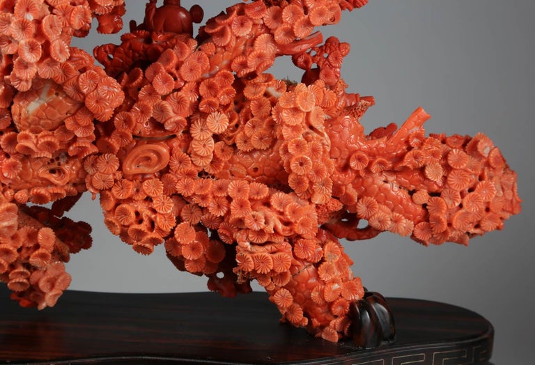 Exceptional Large Chinese Carved Coral Figural Group of a Pine Tree and ...