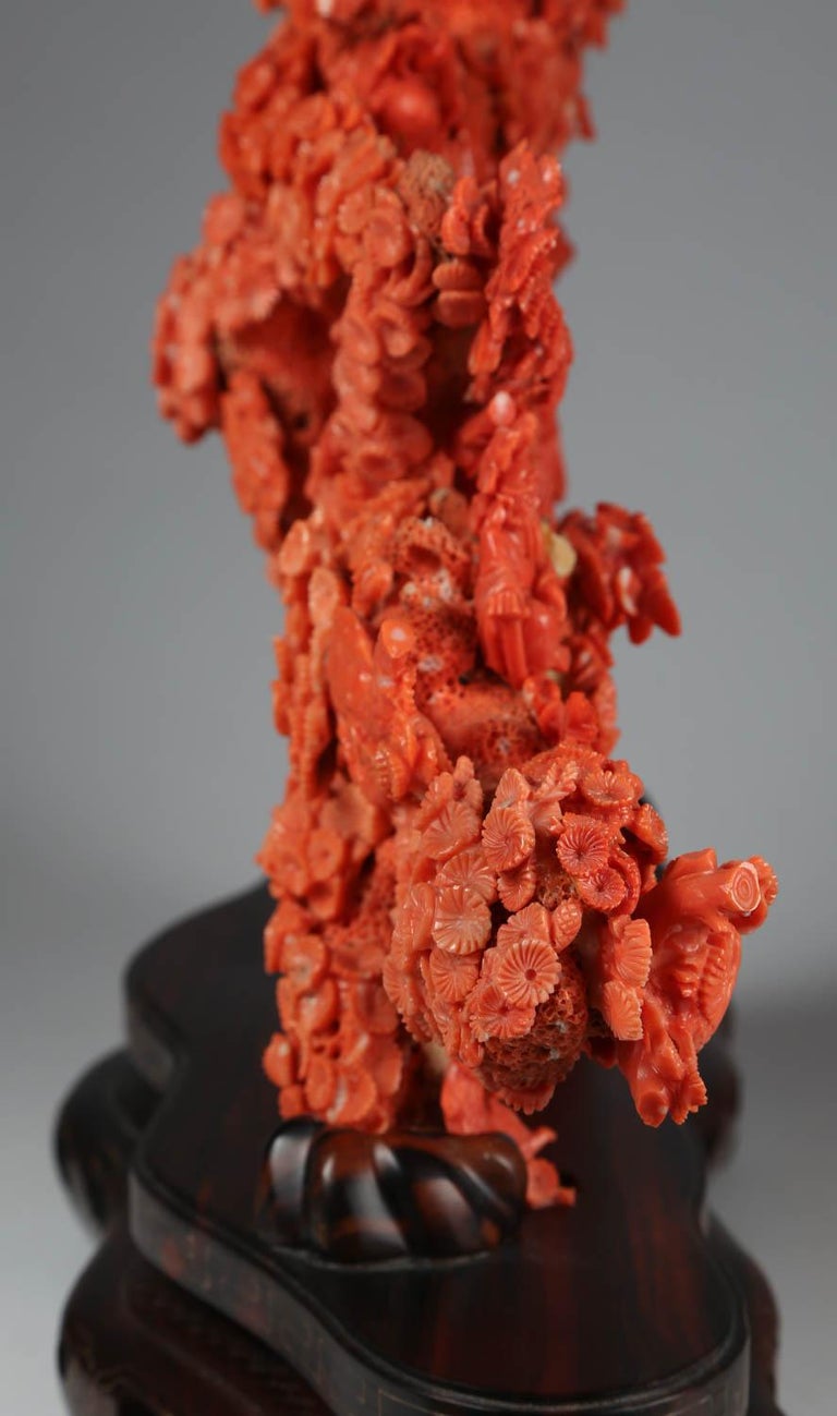 Exceptional Large Chinese Carved Coral Figural Group of a Pine Tree and ...