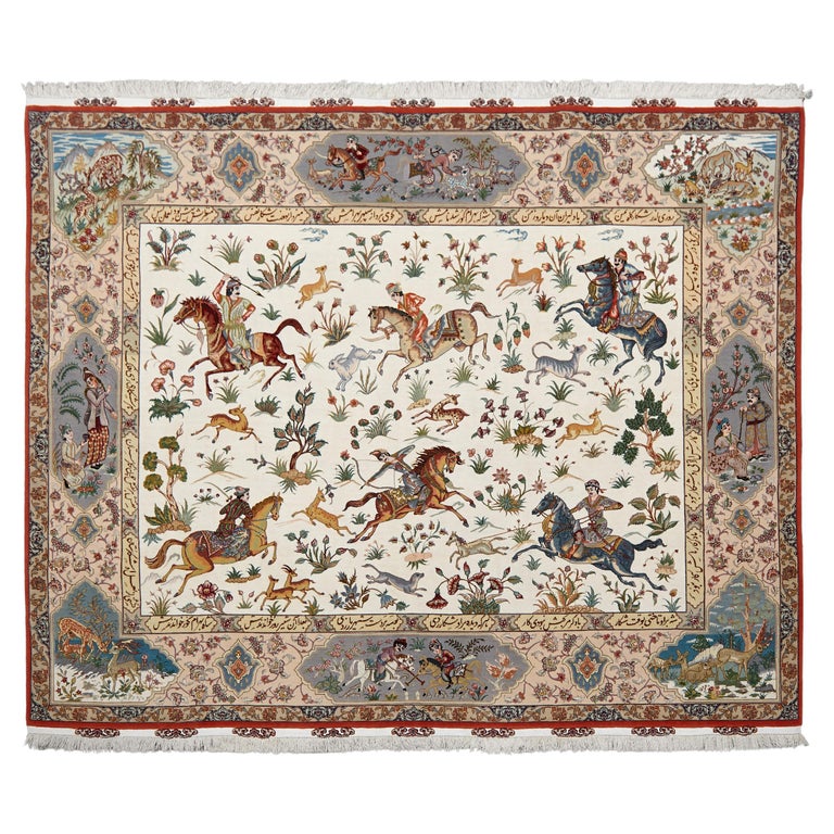 Exceptionally Fine Persian Tabriz Hunting Scene Ivory Rug For Sale at ...