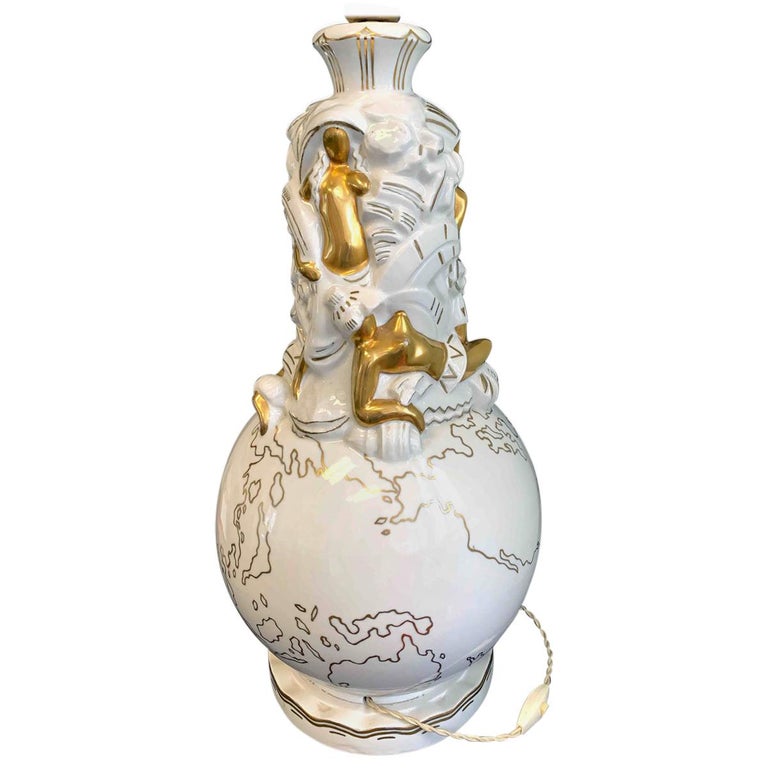 "Exchange of Cultures," High Style Art Deco Porcelain Lamp Base w ...
