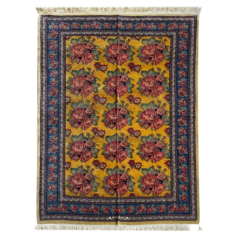Exclusive Floral Rug, Gold Silk Handwoven Carpet, Kurdish Oriental Rug ...
