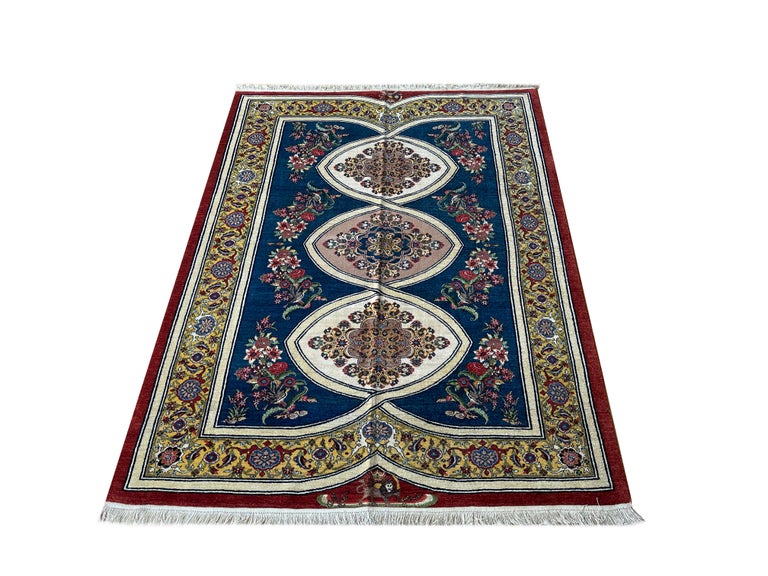 Exclusive Floral Rug, Gold Silk and Kurk Handwoven Carpet, Kurdish ...