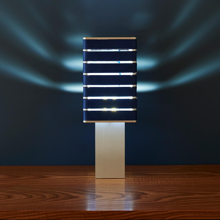 Modern, Minimal, Solid Metal Table Light in Marine Blue Italian Leather ...