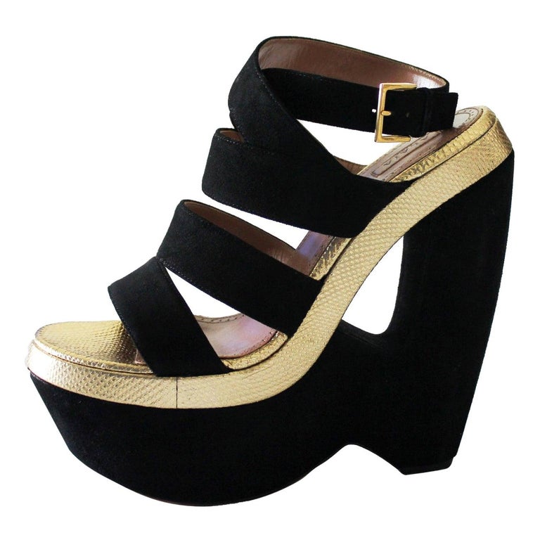 Exotic Alaia Black Suede Golden Lizard Skin Cutout Wedges Sandals at ...
