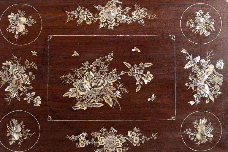Exotic Dark Wood Rectangular Tray Inlaid with Mother of Pearl Floral ...