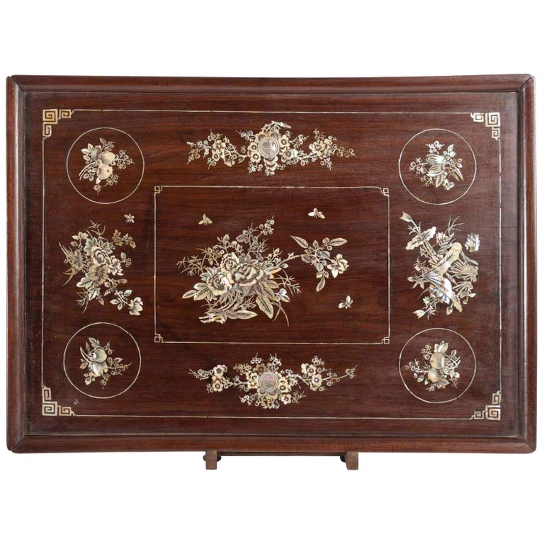 Exotic Dark Wood Rectangular Tray Inlaid with Mother of Pearl Floral ...